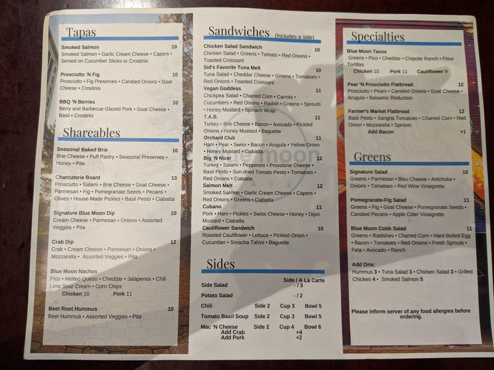 Menu at Blue Moon Cafe, Fayetteville