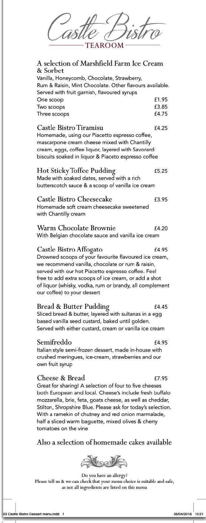 Menu at Castle Bistro, Tearoom & Wine Bar, Chirk