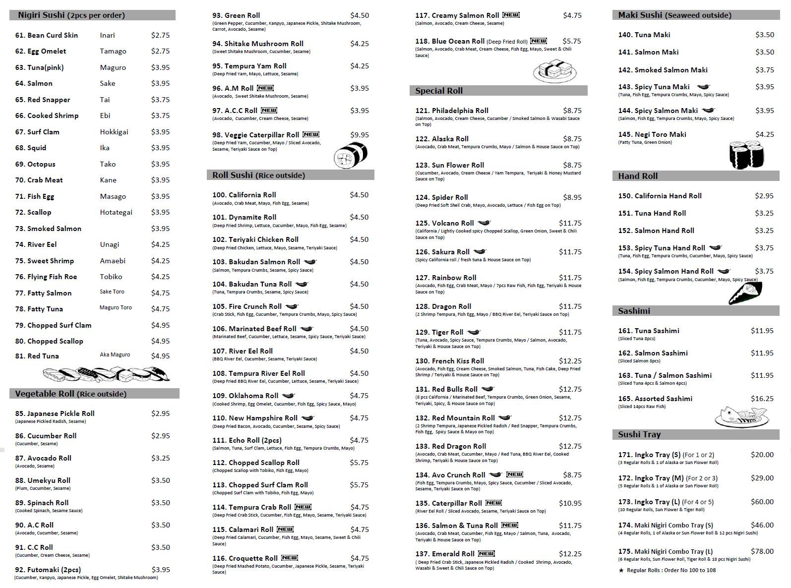 Menu at INGKO SUSHI restaurant, Winnipeg