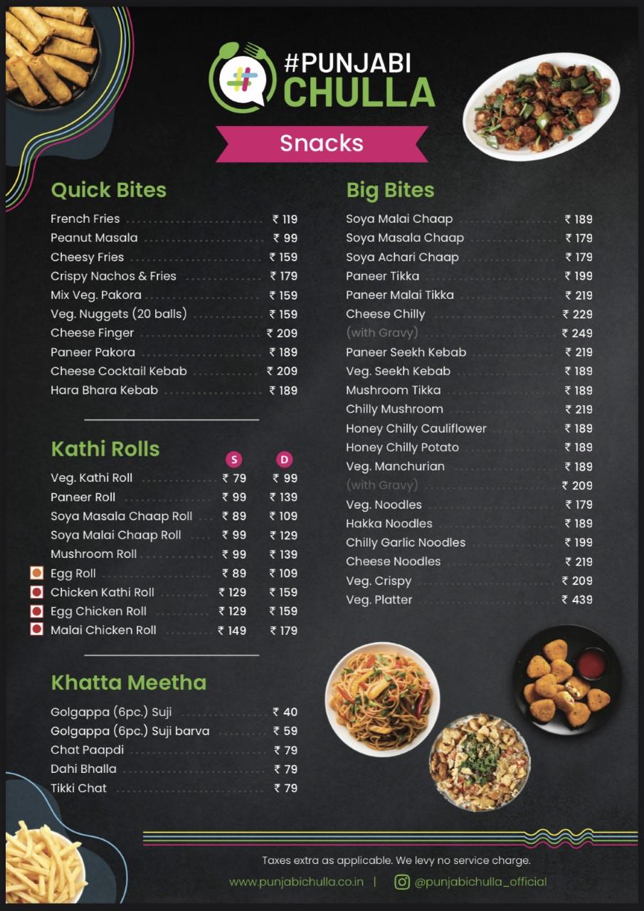 Menu at Punjabi Chulla Mohali, Sahibzada Ajit Singh Nagar
