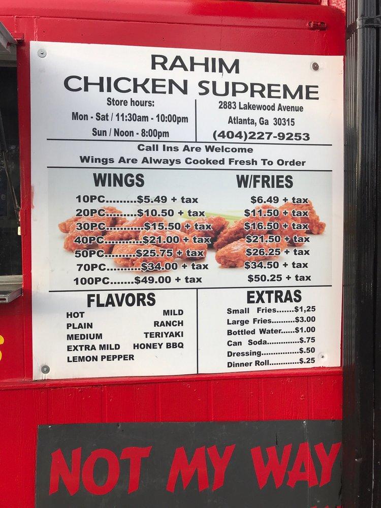Menu at Rahim Chicken Supreme restaurant, Atlanta