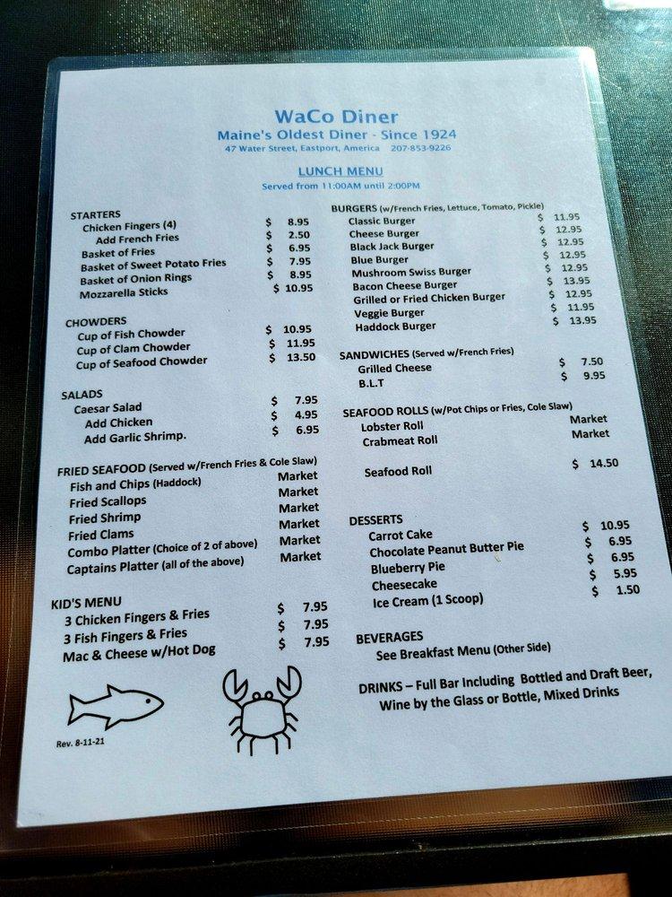 Menu at WaCo Diner restaurant, Eastport