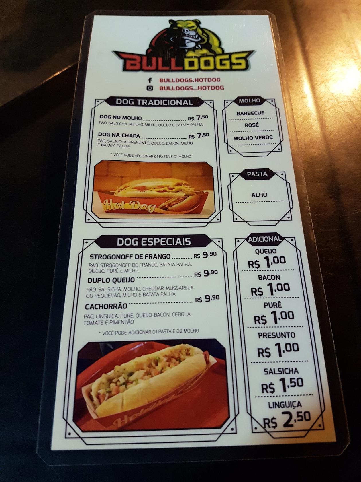 Menu at Bulldogs restaurant, Brasília