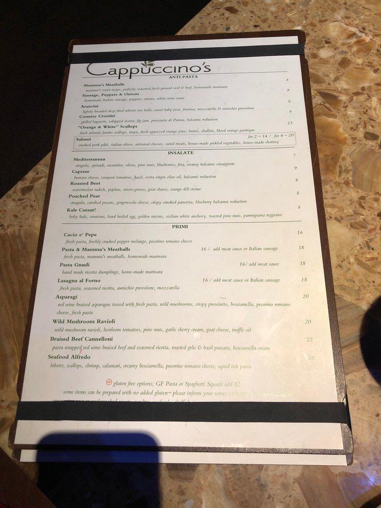 Menu at Cappuccino's restaurant, Knoxville