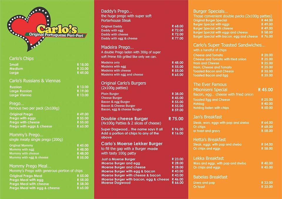 Menu at Carlo's restaurant, Nelspruit