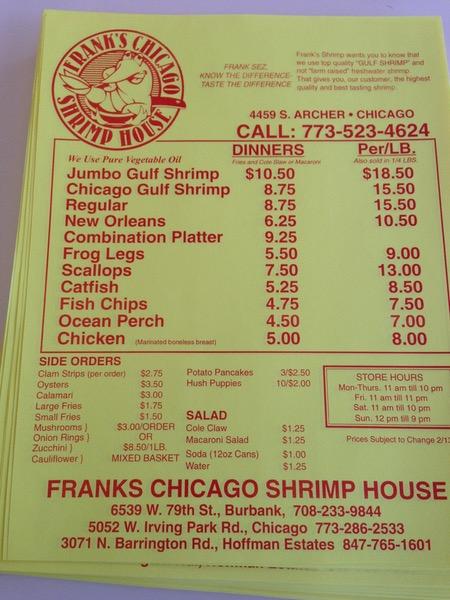Menu at Frank's Chicago Shrimp House restaurant, Chicago, S Archer Ave