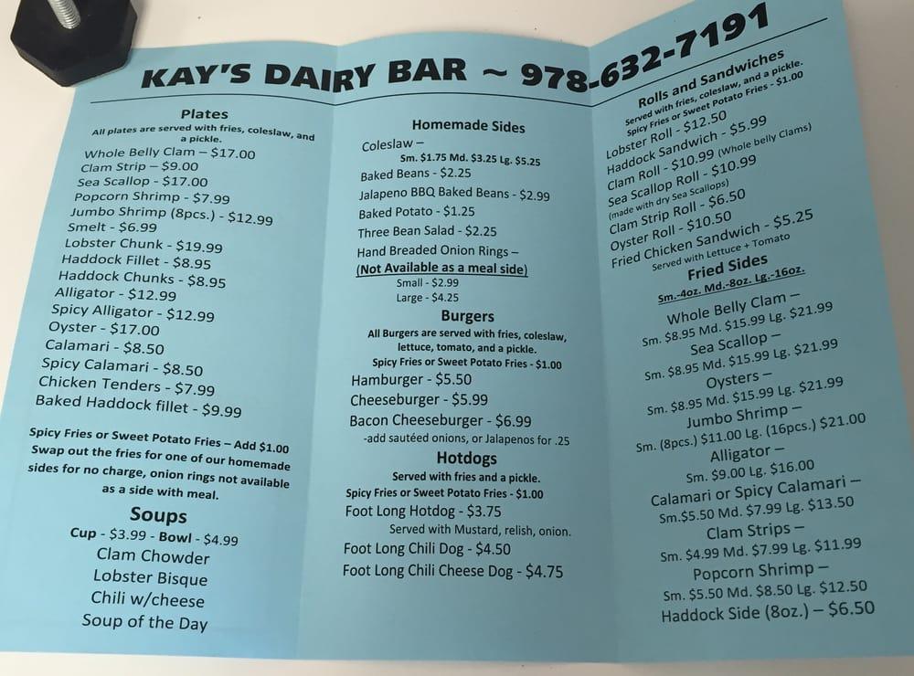 Menu at Kay's Dairy Bar, Westminster