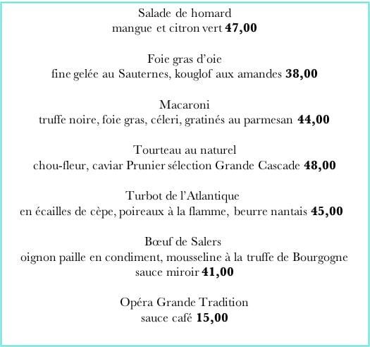 Menu at La Grande Cascade restaurant, Paris, Carr de Longchamp