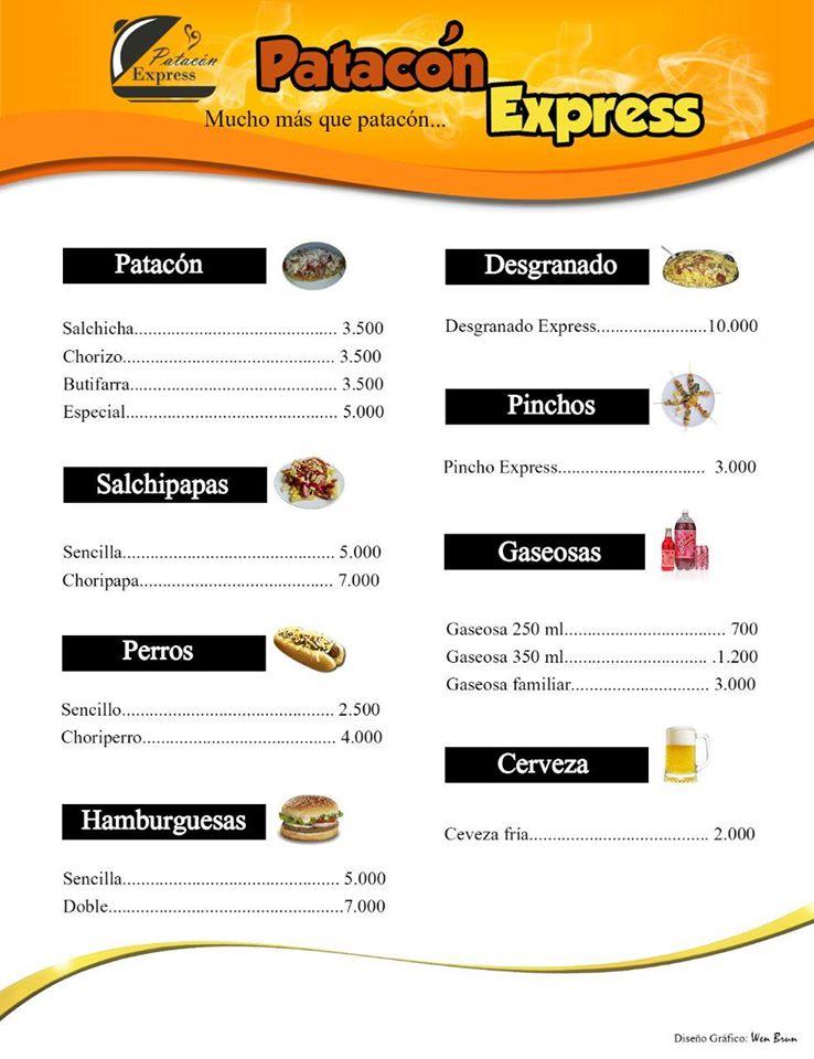 Menu at Patacón Express restaurant, El Roble