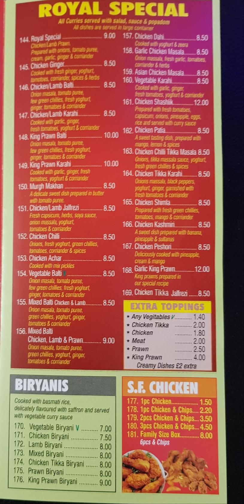 Menu at Royal restaurant, Huddersfield