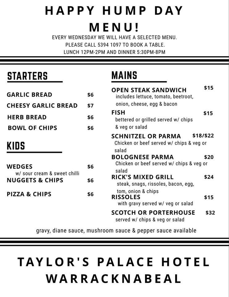 Menu at Taylor's Palace Hotel, Warracknabeal