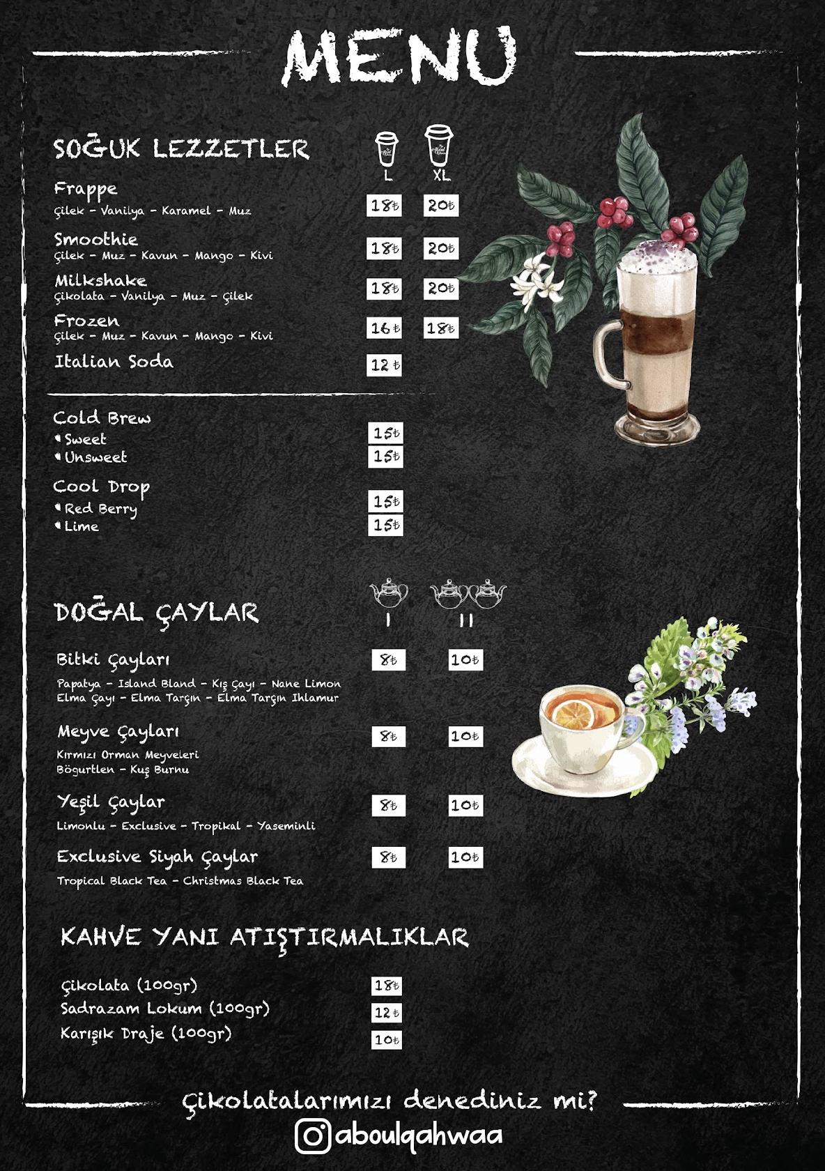 Menu at Aboul Qahwaa Coffee, Gölcük