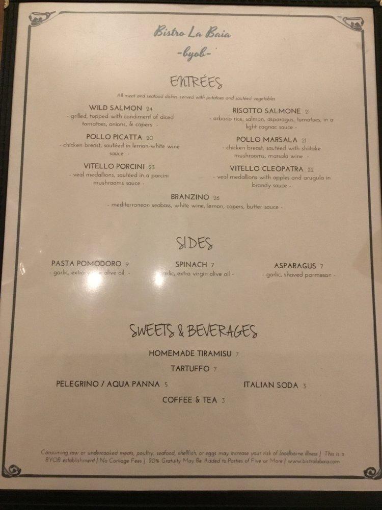 Menu at Bistro La Baia BYOB restaurant, Philadelphia