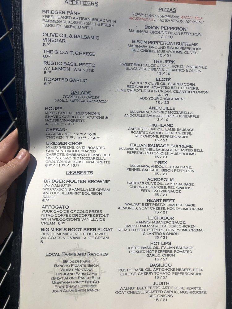 Menu at Bridger Brewing pizzeria, Bozeman