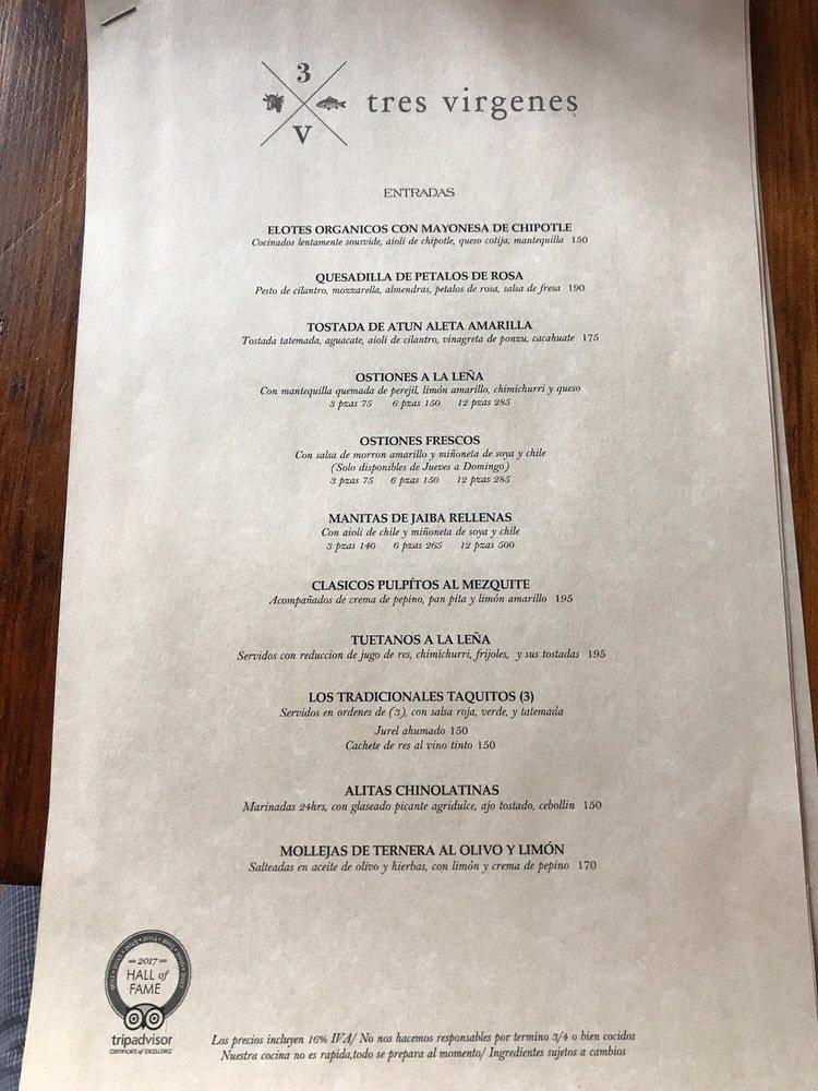 Menu at Tres Virgenes restaurant, La Paz