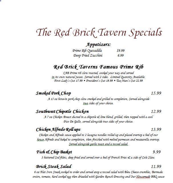 Menu at Red Brick Tavern pub & bar, London, Cumberland St