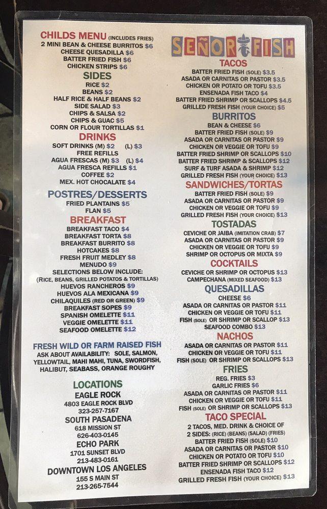 Menu at Señor Fish pub & bar, Los Angeles, Eagle Rock Blvd