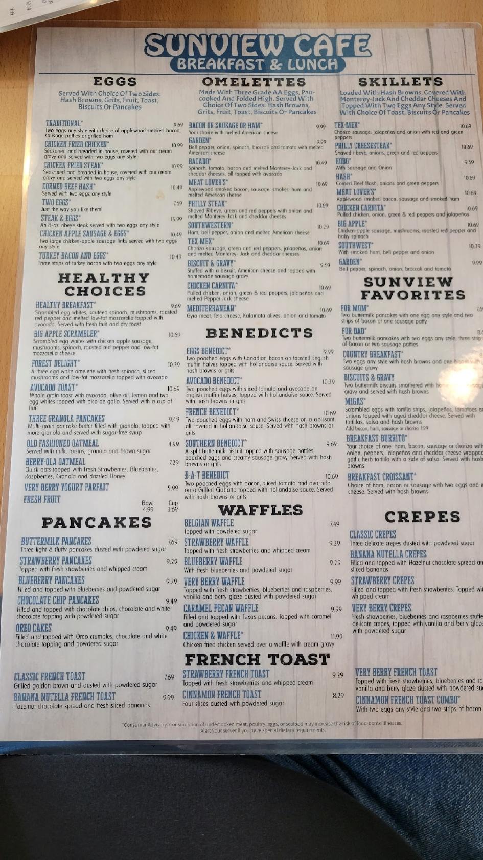 Menu at Sunview Cafe, Melissa