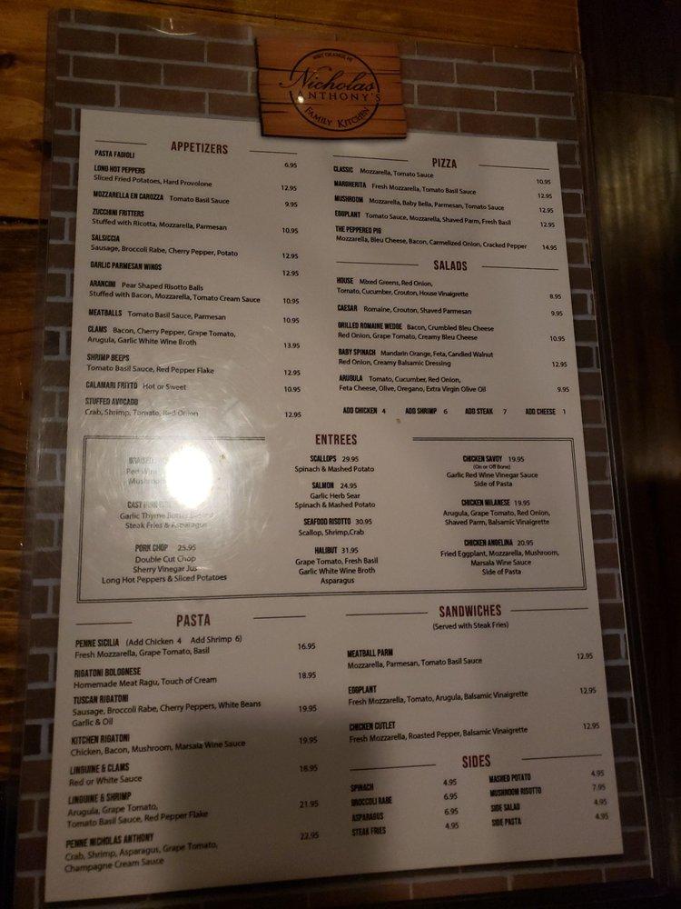 Menu at Nicholas Anthony's Family Kitchen restaurant, West Orange