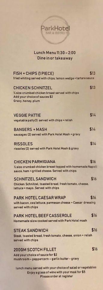 Menu at Park Hotel Maryborough pub & bar, Maryborough