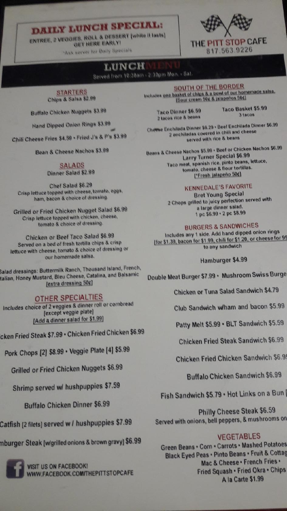 Menu at Pitt Stop Cafe, Kennedale