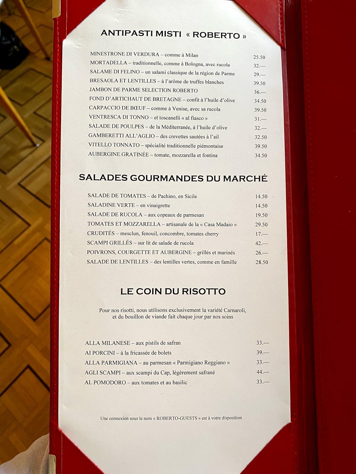 Menu at Roberto, Geneva, Rue Pierre-Fatio 10