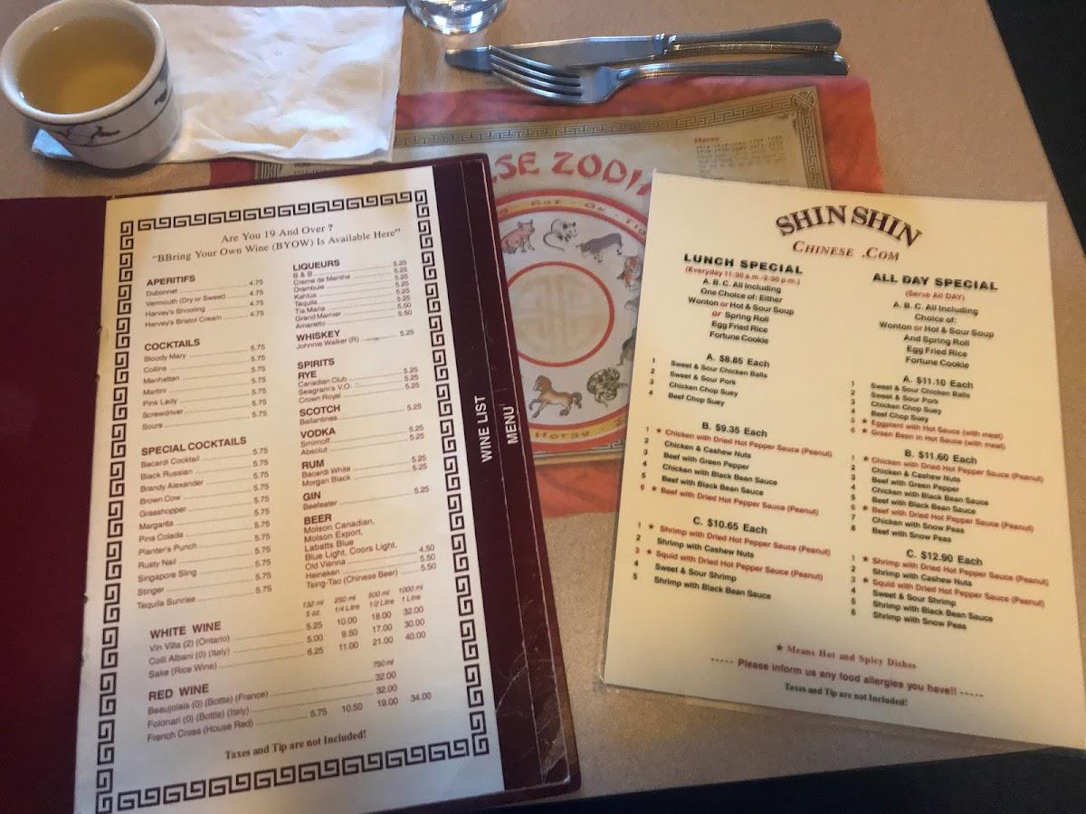 Menu at Shin Shin Chinese Restaurant, Windsor
