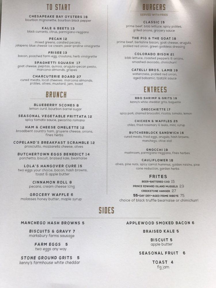 Menu at Lola at Butchertown Grocery pub & bar, Louisville