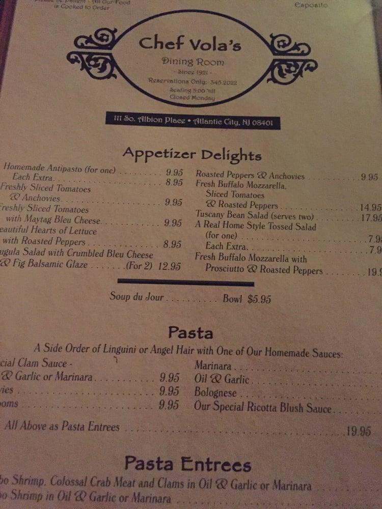 Menu at Chef Vola's restaurant, Atlantic City