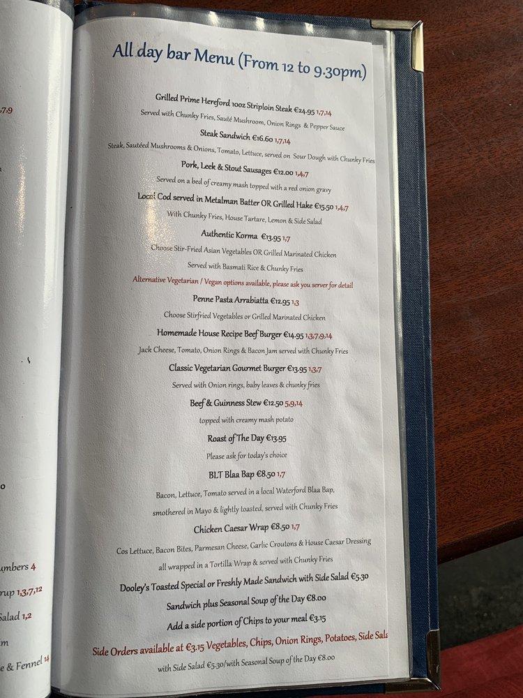 Menu at Dooley's Dry Dock Bar, Waterford