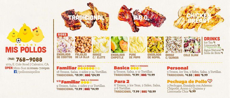 Menu at Pollos MI Pollo restaurant, Calexico