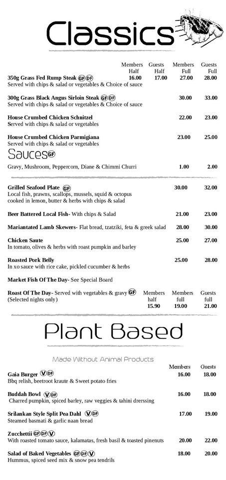 Menu at Shoalhaven Heads Bowling and Recreation Club, Shoalhaven Heads