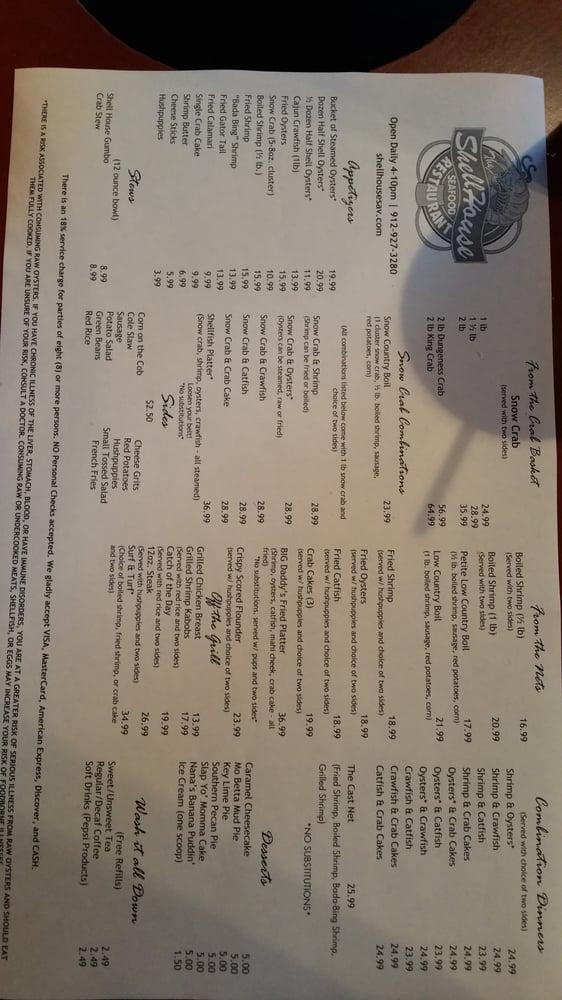 Menu at The ShellHouse Seafood Restaurant, Savannah