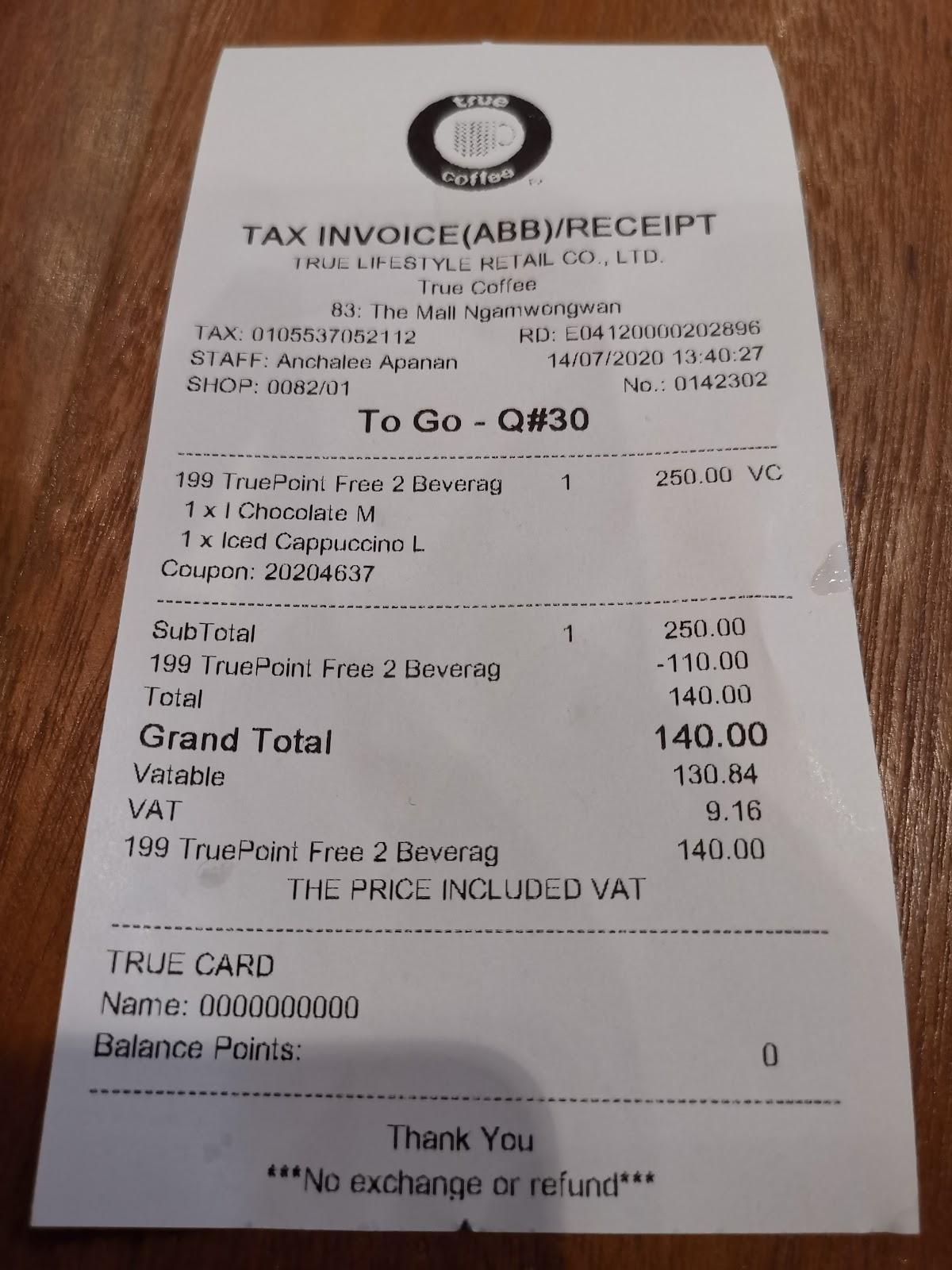 Carta de true coffee เดอะมอลล์งามวงศ์วาน, Nonthaburi