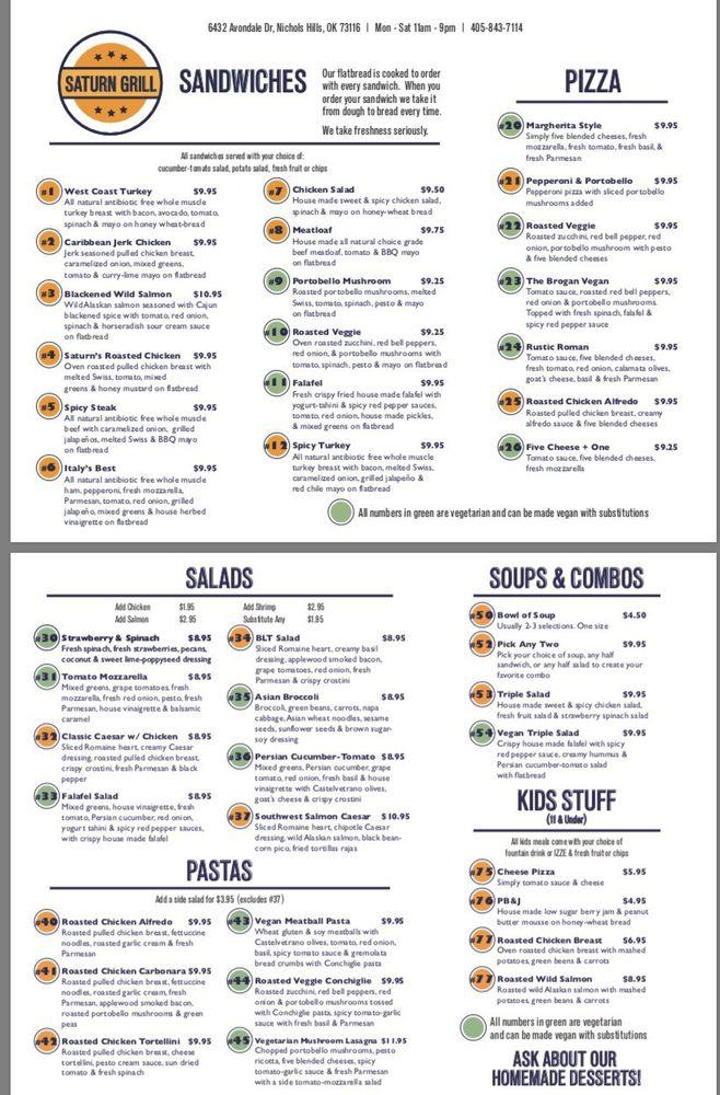 Menu at Saturn Grill cafe, Nichols Hills, Avondale Dr