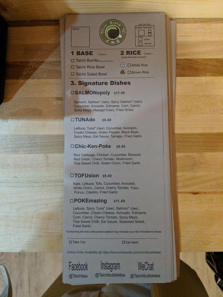 Menu at Tai Chi Bubble Tea restaurant, Chicago