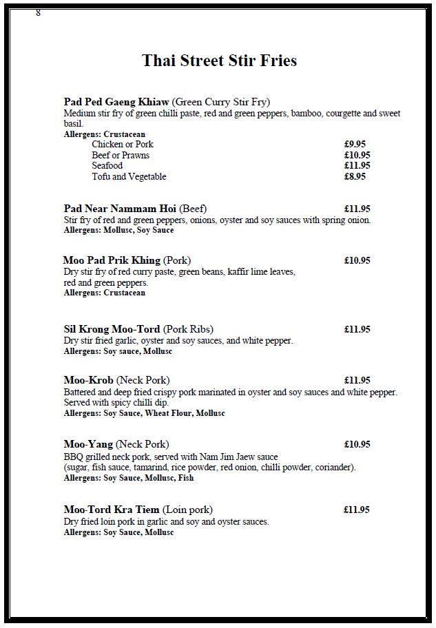 Menu at Thai Street Food restaurant, Worthing