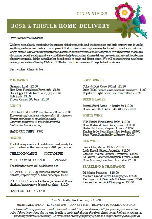 Menu at The Rose and Thistle pub & bar, Fordingbridge