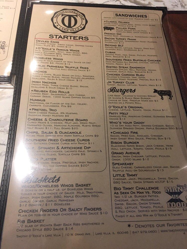 Menu at Timothy O'Toole's Pub Lake Villa, Lake Villa