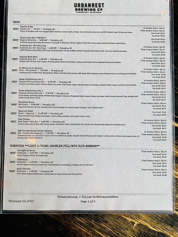 Menu at Urbanrest Brewing, Ferndale