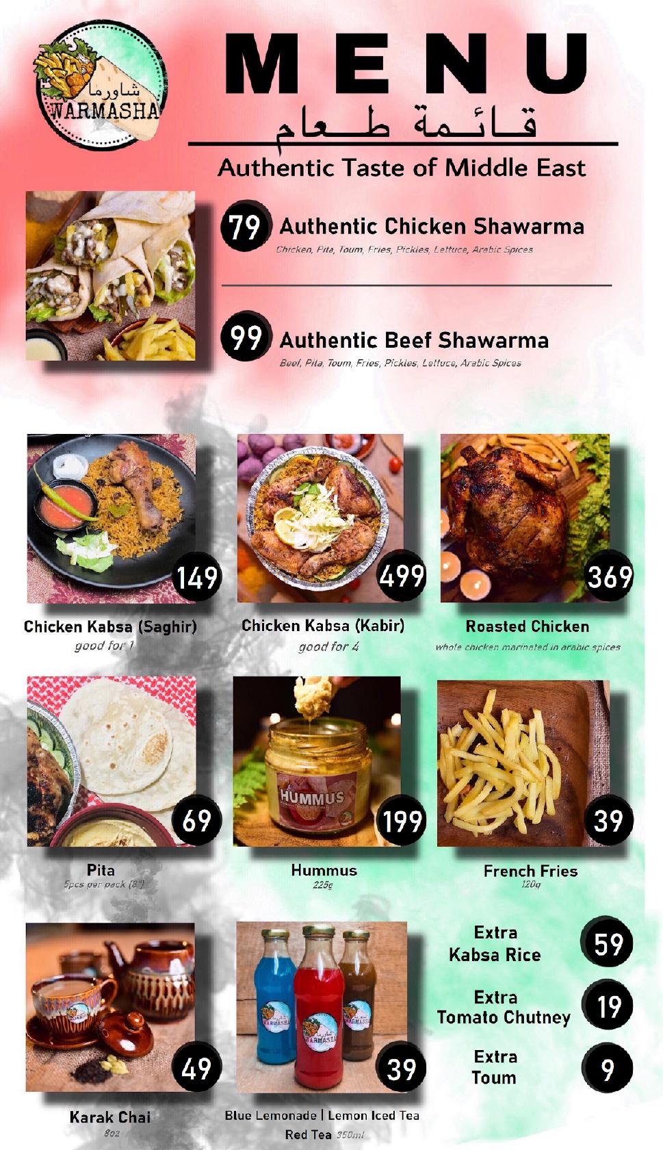 Menu at Warmasha Authentic Shawarma restaurant, Quezon City