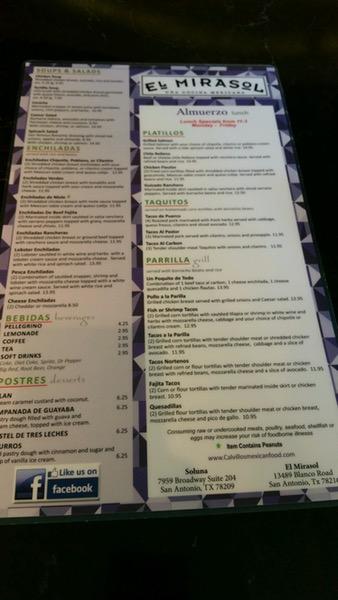 Menu at El Mirasol - Una Cocina Mexicana restaurant, San Antonio