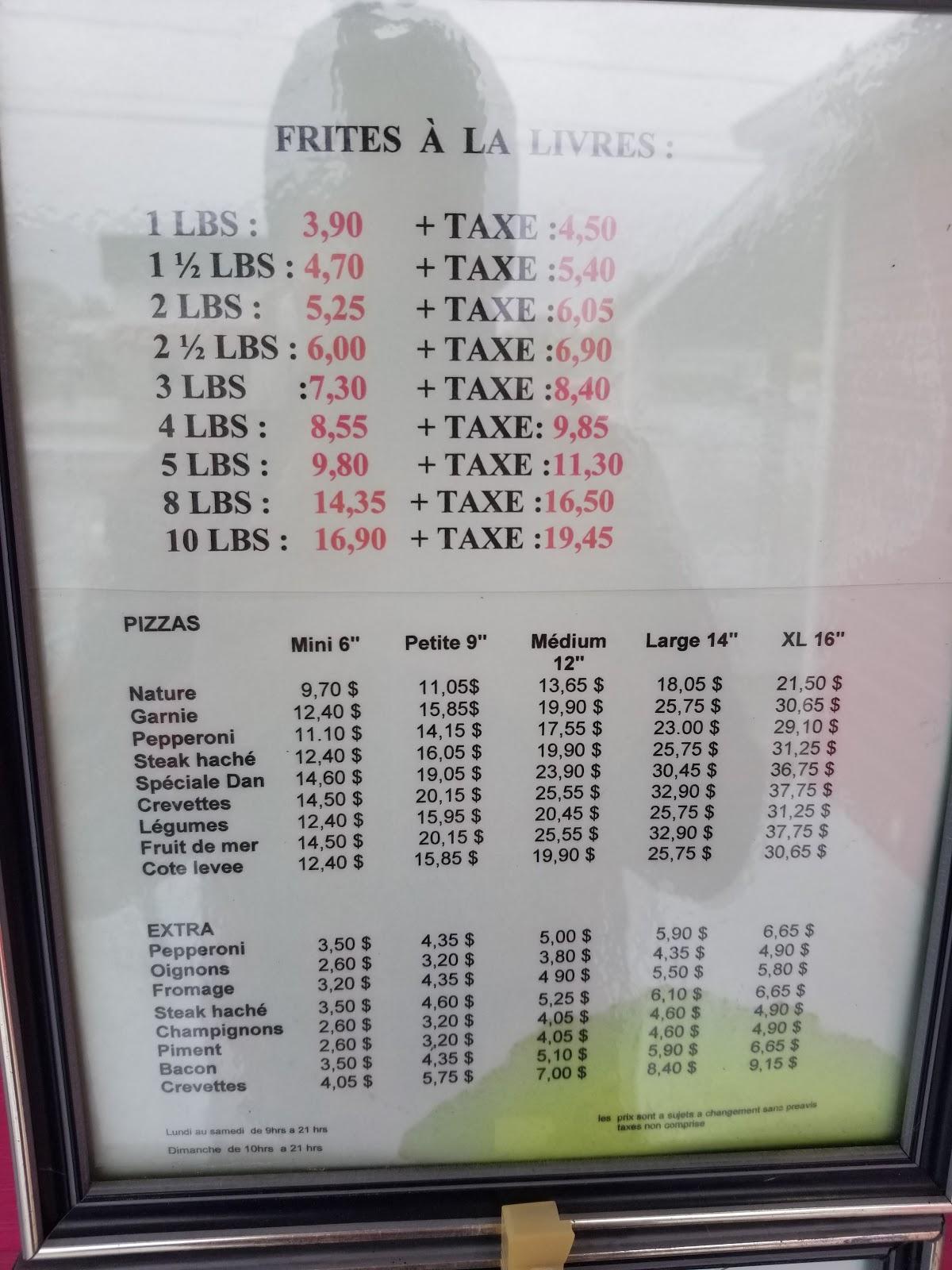 Menu au Resto Chez Dan restaurant, Sainte-Luce