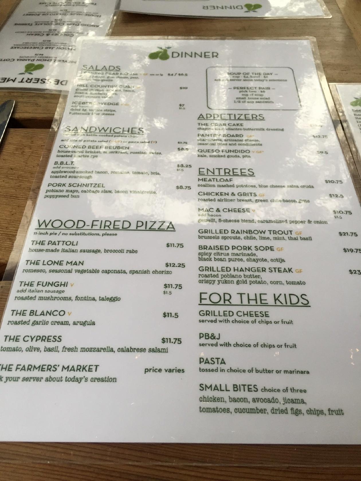 Menu at The Leaning Pear pizzeria, Wimberley
