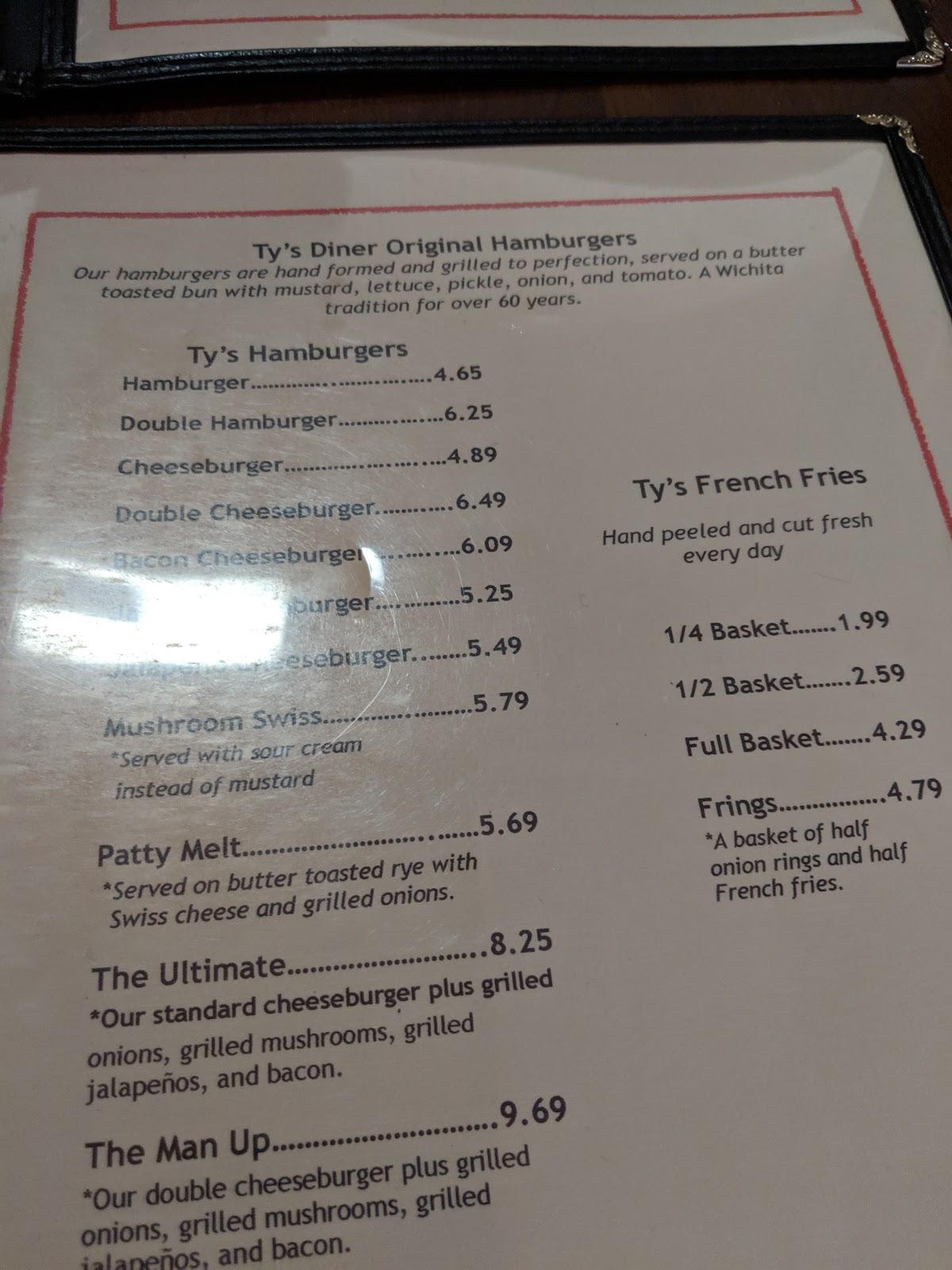 Menu at Ty's Diner restaurant, Wichita, 928 West 2nd St N