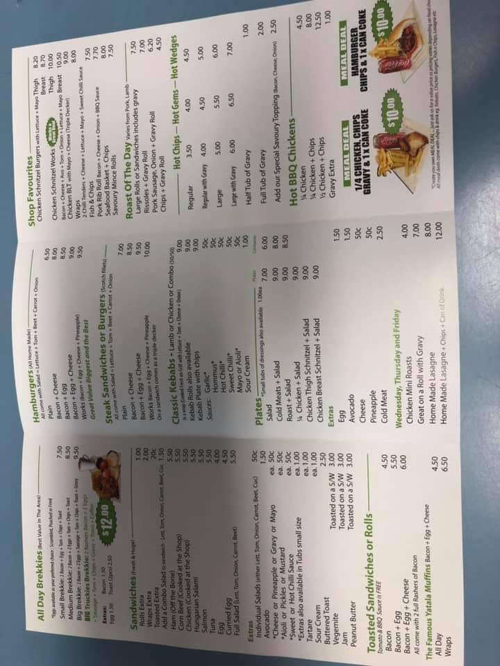 Menu at Yatala General Store Snackbar Takeaway Yatala QLD, Yatala