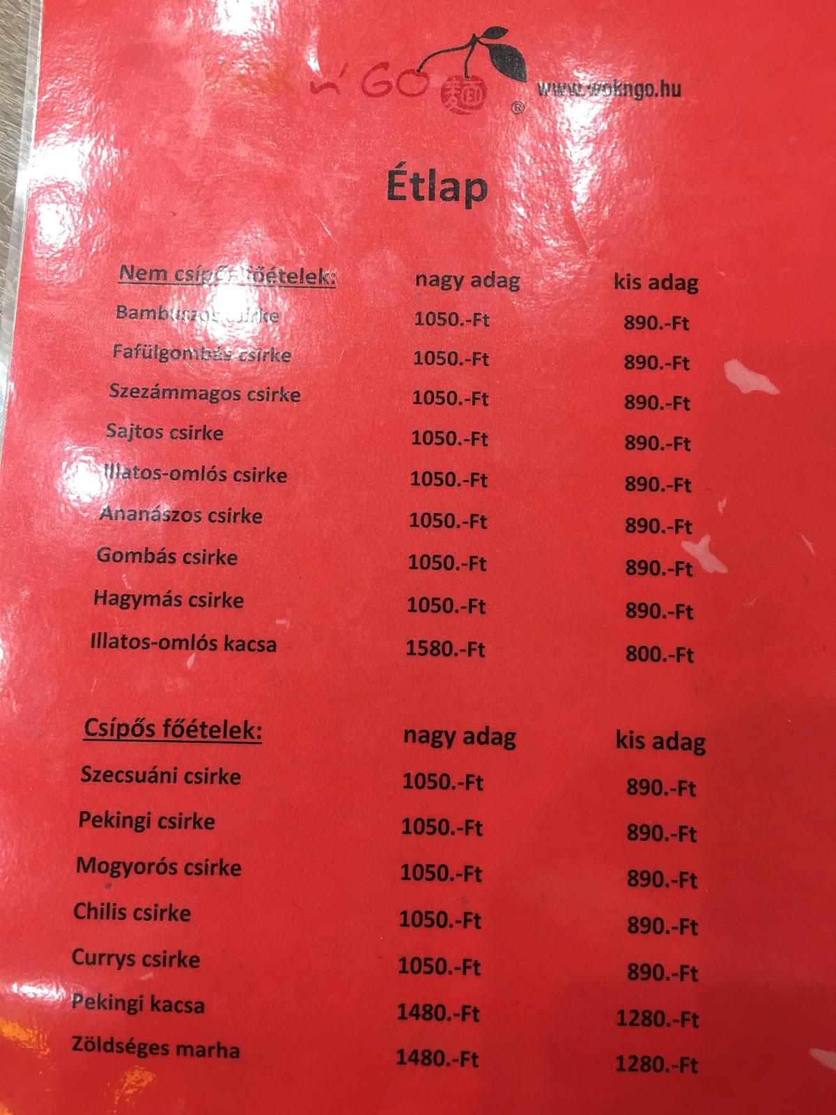 Menu at WOK n' GO Fogarasi út restaurant, Budapest