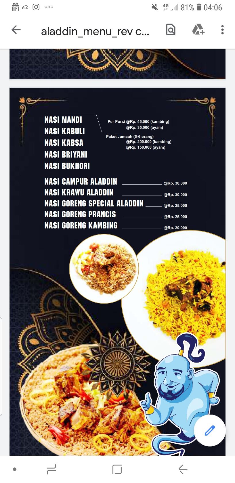 Menu at Aladdin Resto & Cafe, Bangkalan