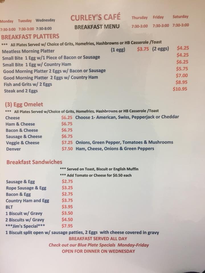 Menu at Curley's Cafe, Little River