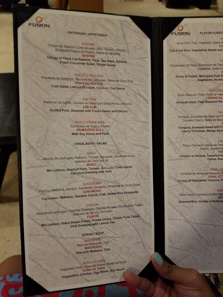 Menu at Fusion restaurant, Cancún